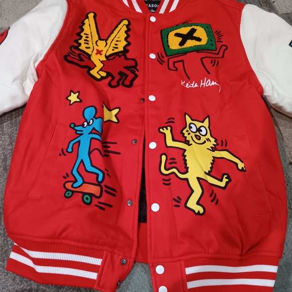 keith haring | Jackets & Coats | Keith Haring Red And White Bomber ...